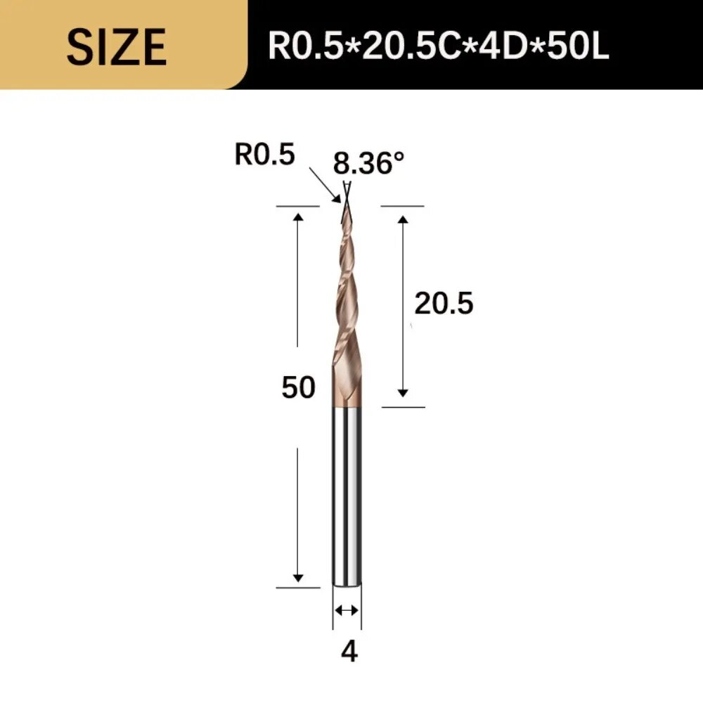 Фрезерный станок по дереву, твердый карбид, коническая сферическая концевая фреза, конический шариковый нос, спираль, резьба с ЧПУ, гравировальные фрезы R0.5x20.5Cx4Dx50L