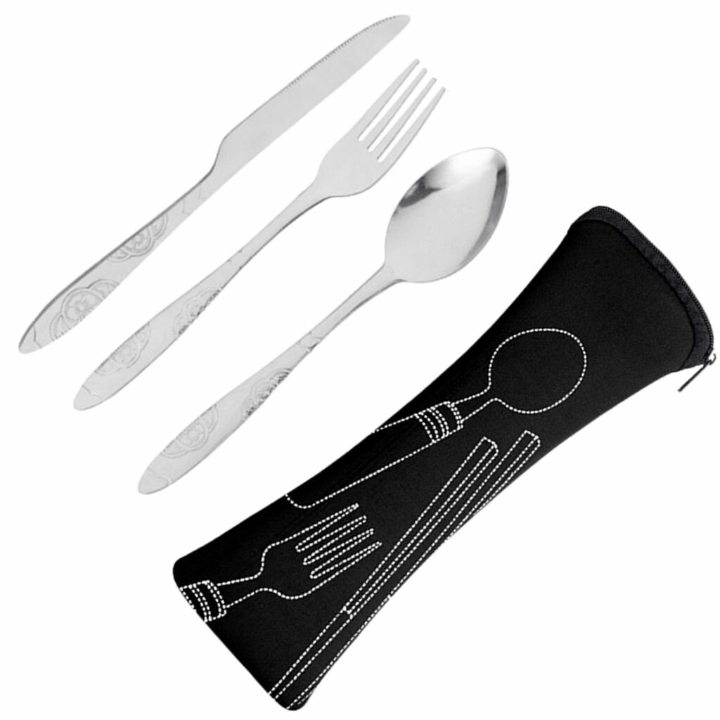 Набор столовых приборов походный, Портативные столовые приборы - черная сумка с половинными ножом, вилкой и ложкой, 1 комплект