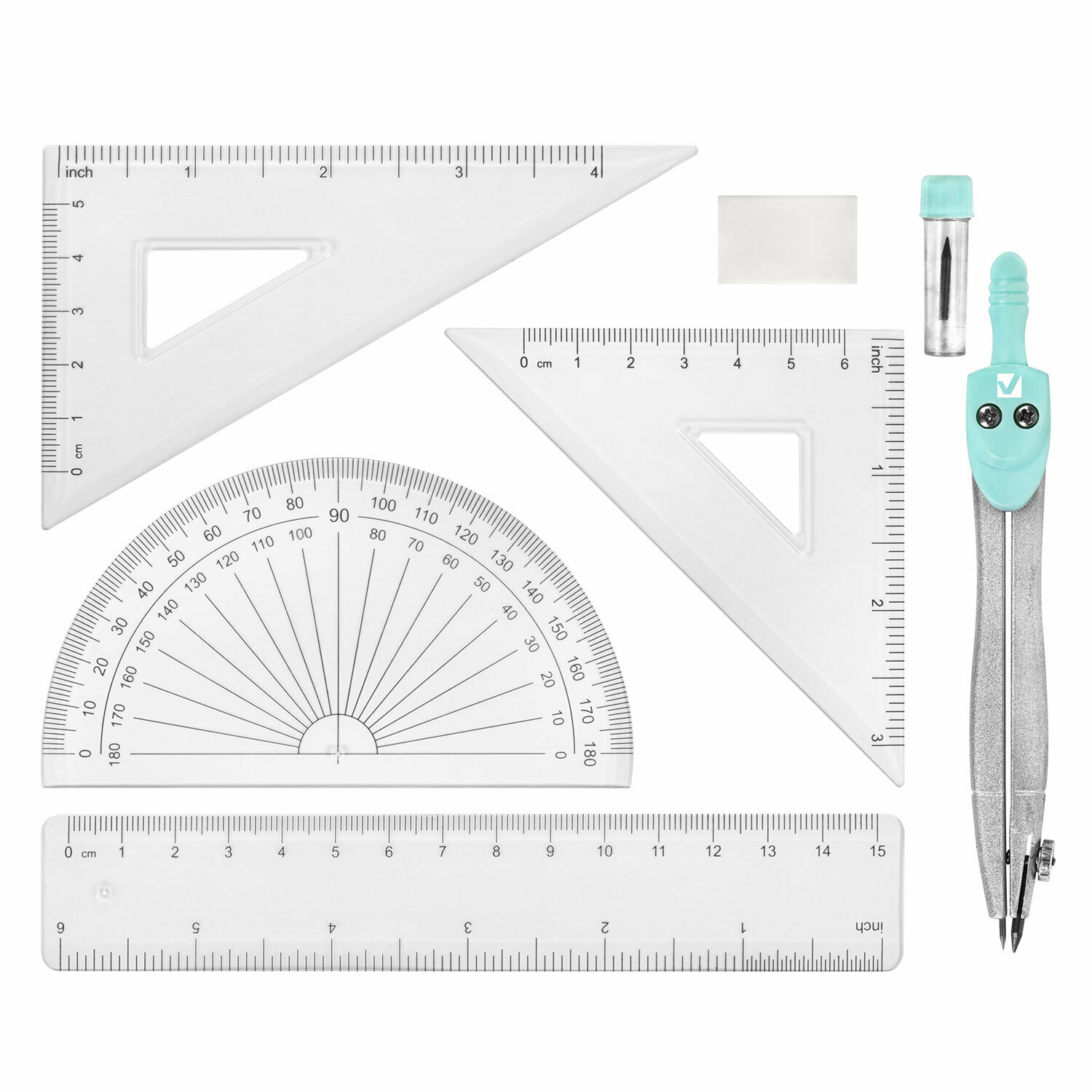 Упаковка 4 шт. Готовальня BRAUBERG SCHOOL KIT, 8 предметов, циркуль 115 мм, чертежные принадлежности, мятный цвет, 210705