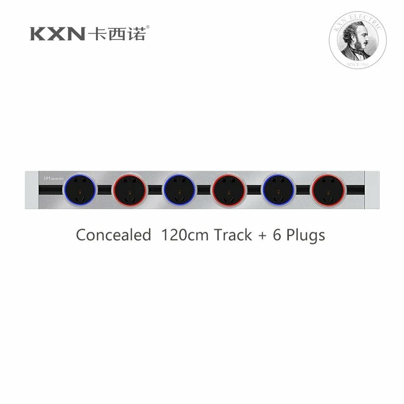 Электрические розетки KXN P2 Series 120cm track 6 plugs, Blue LED Light, EU, Черный, Black