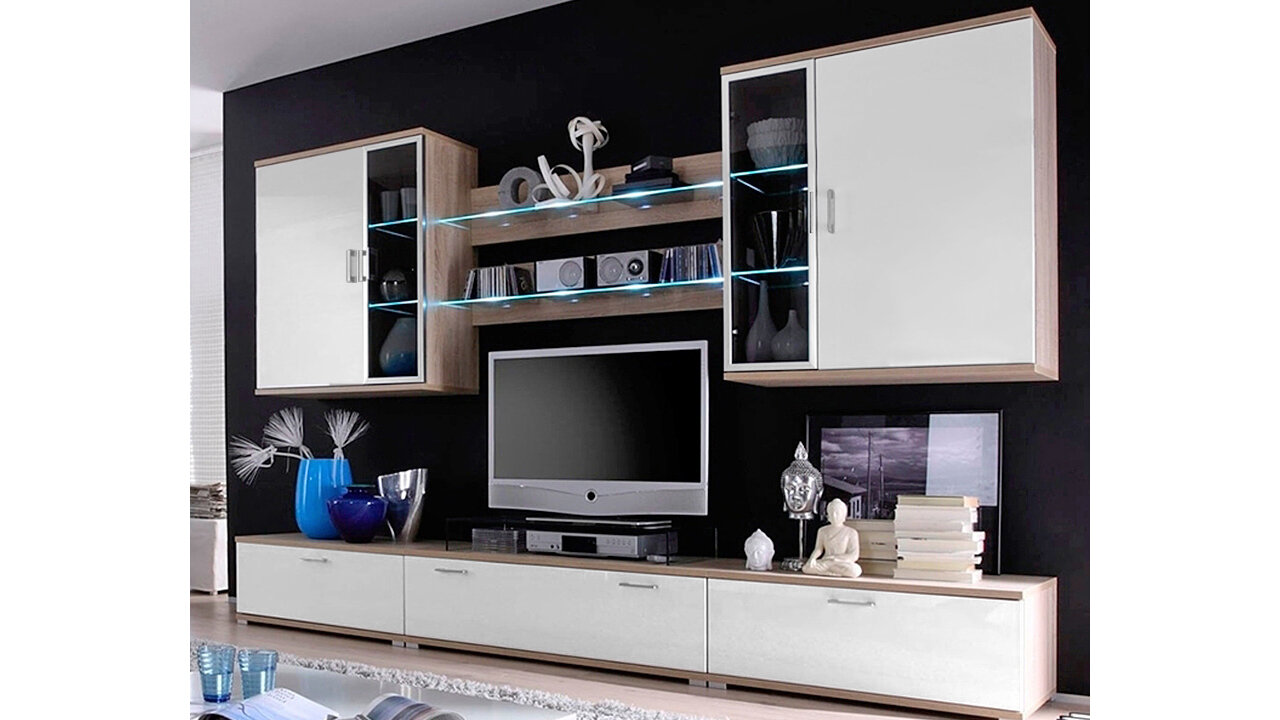 Гостиная Адамина Белый Фасадный 101 PE / Дуб Сонома Светлый 3025 PR NEW 300x45x210 см, GOODFORM