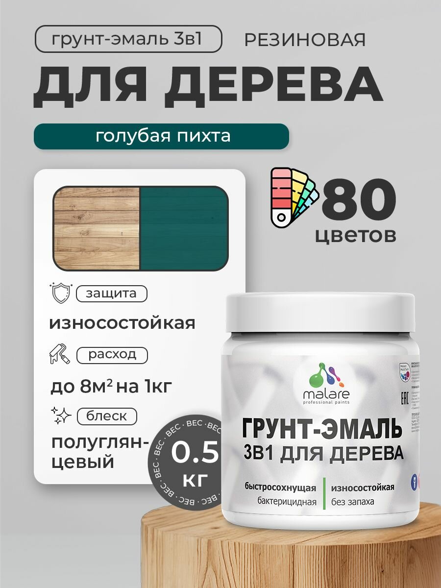 Резиновая Грунт-Эмаль 3 в 1 Malare для деревянных поверхностей/ краска по дереву с антисептическим эффектом/ быстросохнущая моющаяся без запаха полуглянцевая, голубая пихта, 0.5 кг