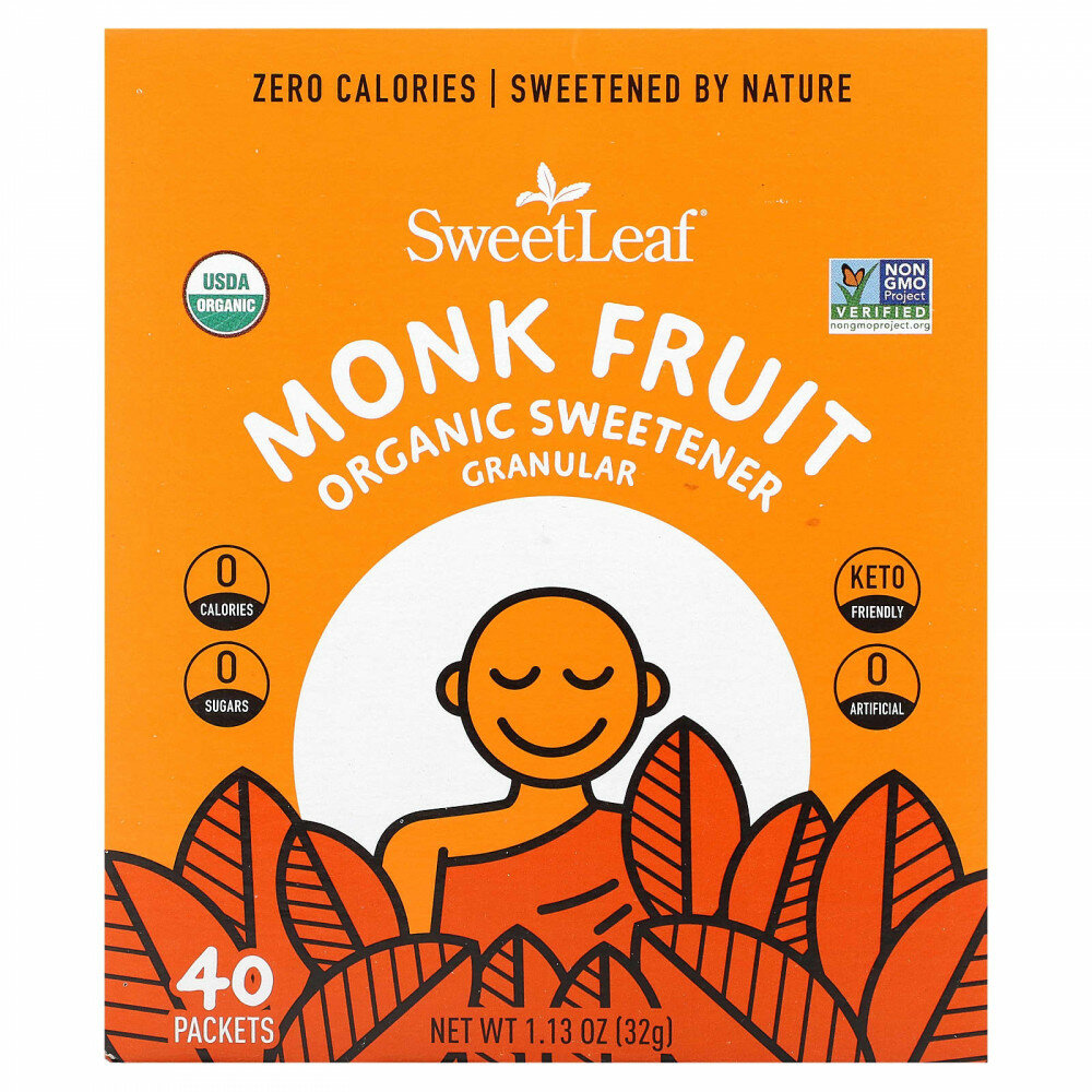 SweetLeaf Stevia, Органический подсластитель в гранулах с фруктами монаха, 40 пакетиков по 0,8 г (0,28 унции)