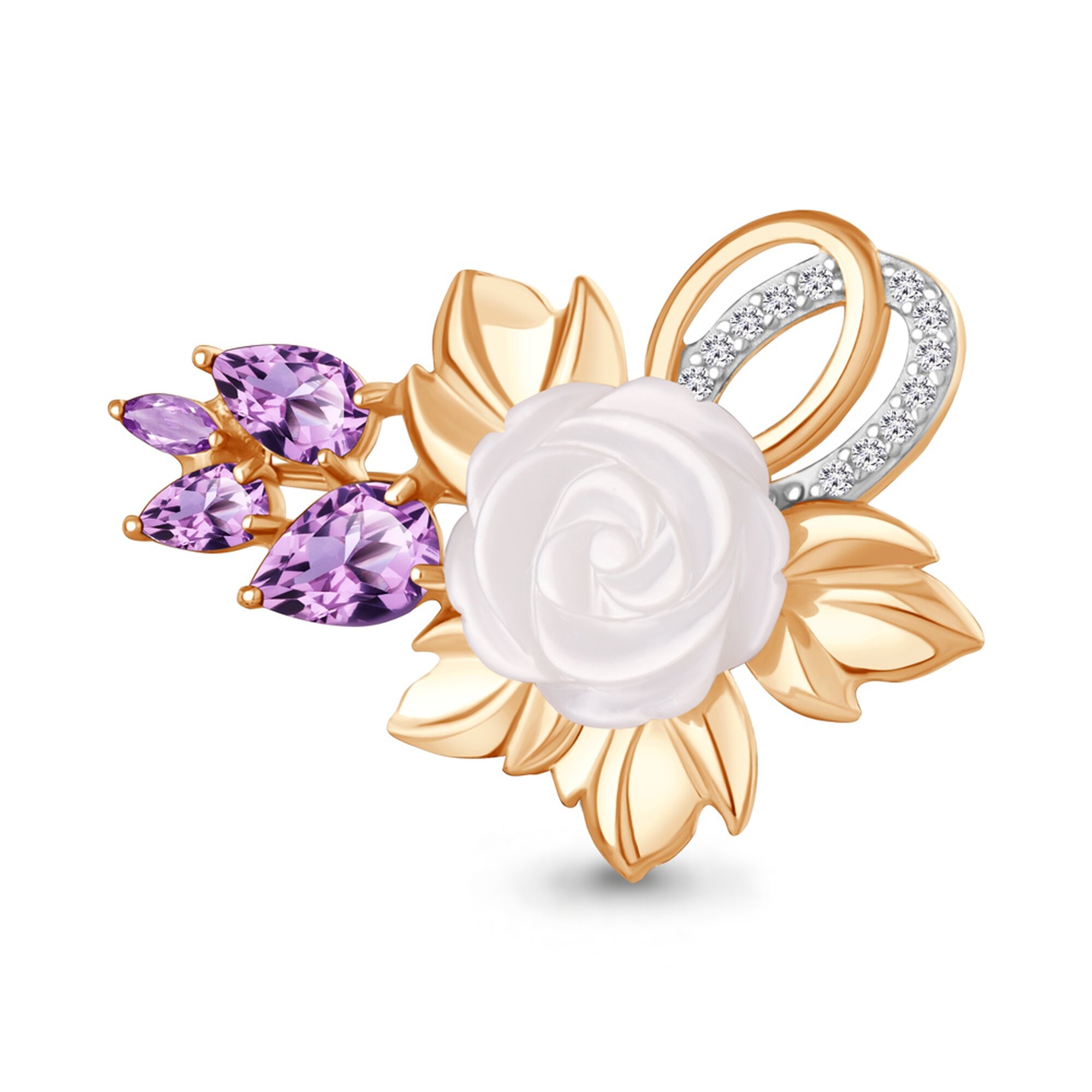 Брошь, серебро, 925 проба, золочение, аметист, перламутр, фианит