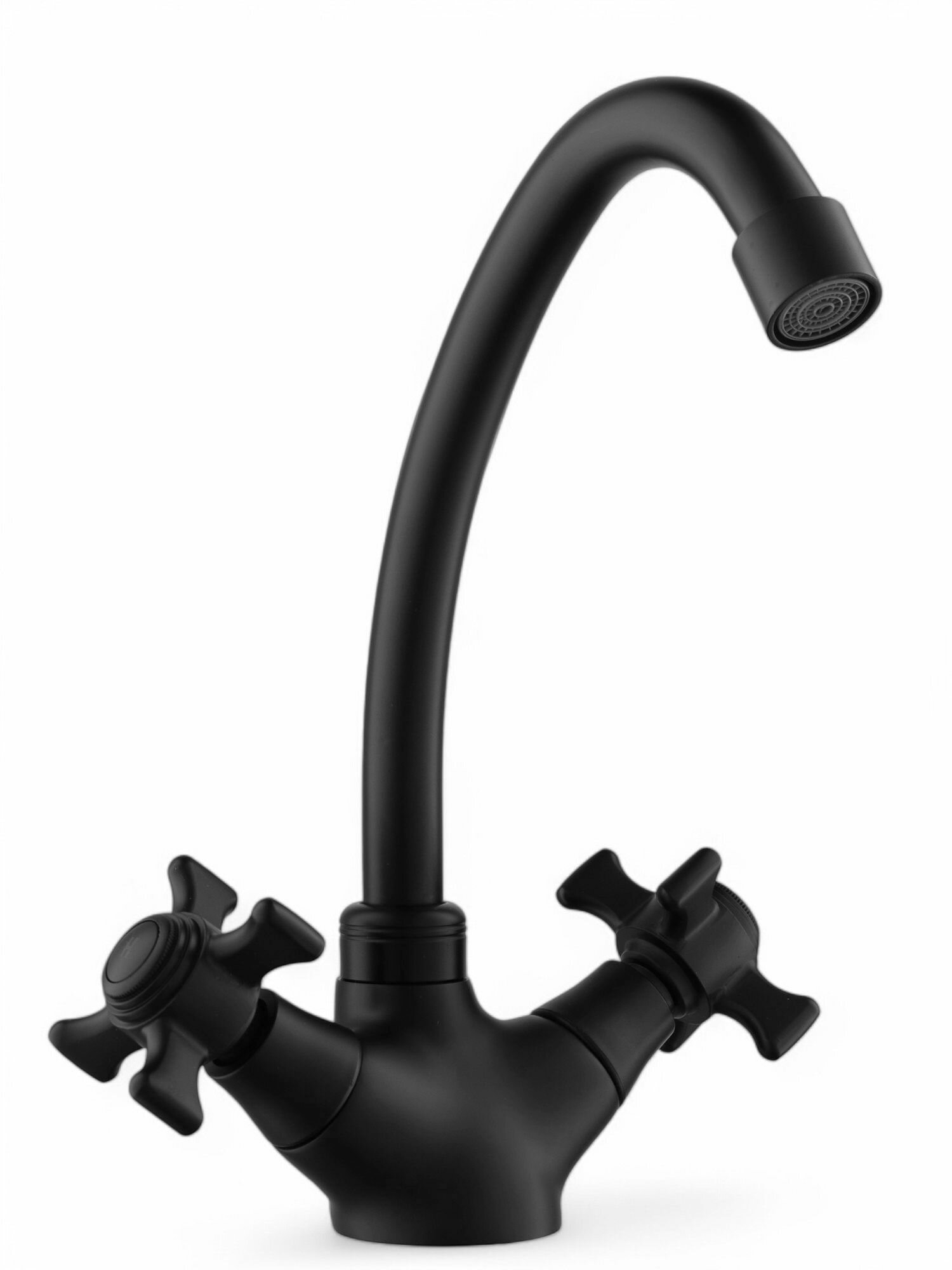 Смеситель для кухни с высоким поворотным изливом и вентильными ручками, черный матовый
