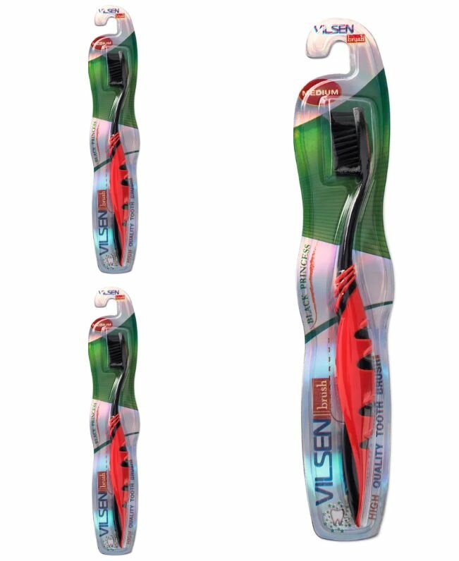 Vilsen Зубная щетка, Черная принцесса Brush, средняя жесткость, 3 шт
