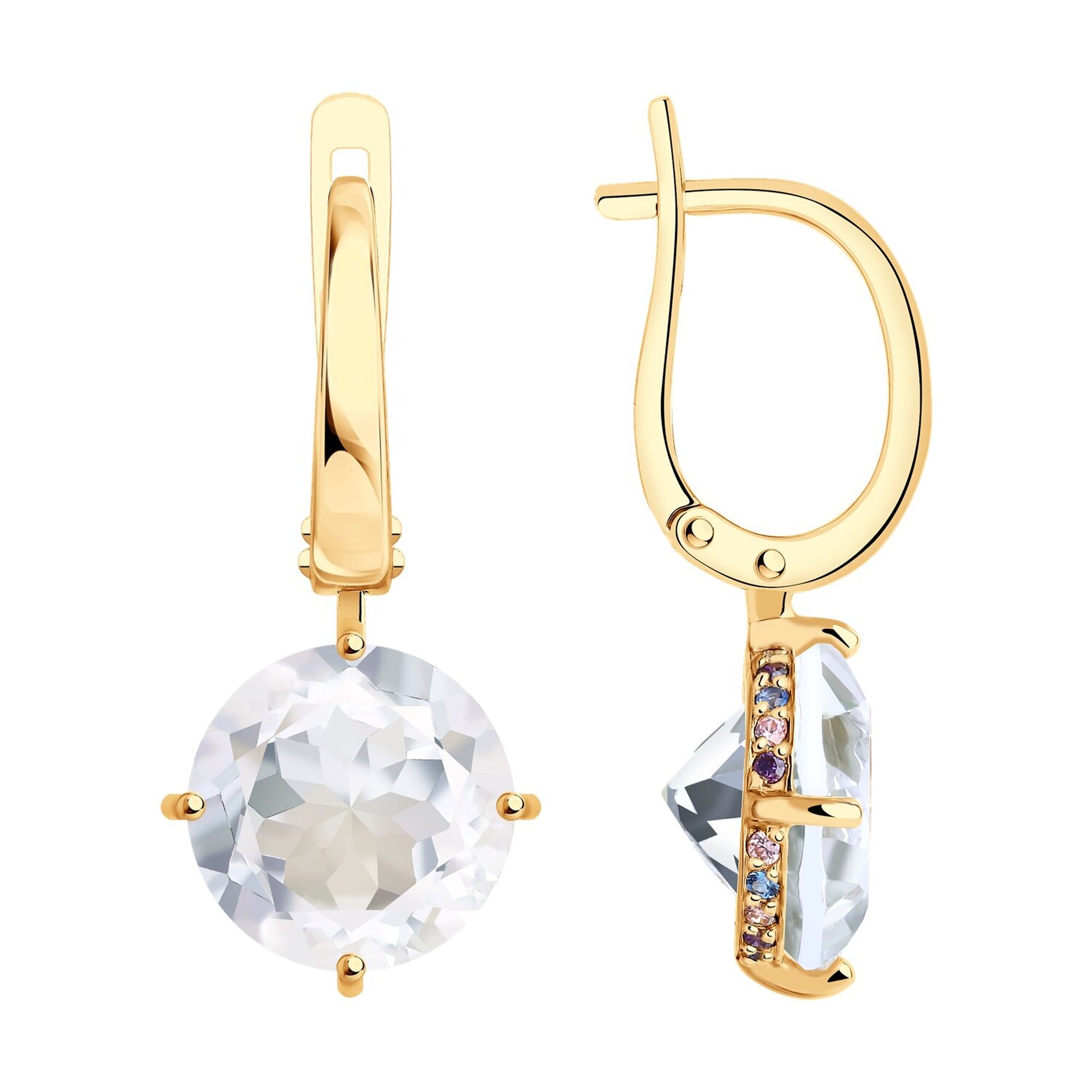 Серьги, красное золото, 585 проба, горный хрусталь, фианит