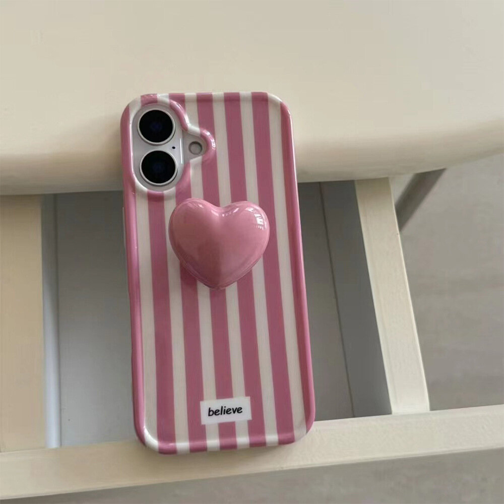 Чехол для iPhone 16, розовые и белые полоски, розовое сердечко, защитный, для Японии и Кореи