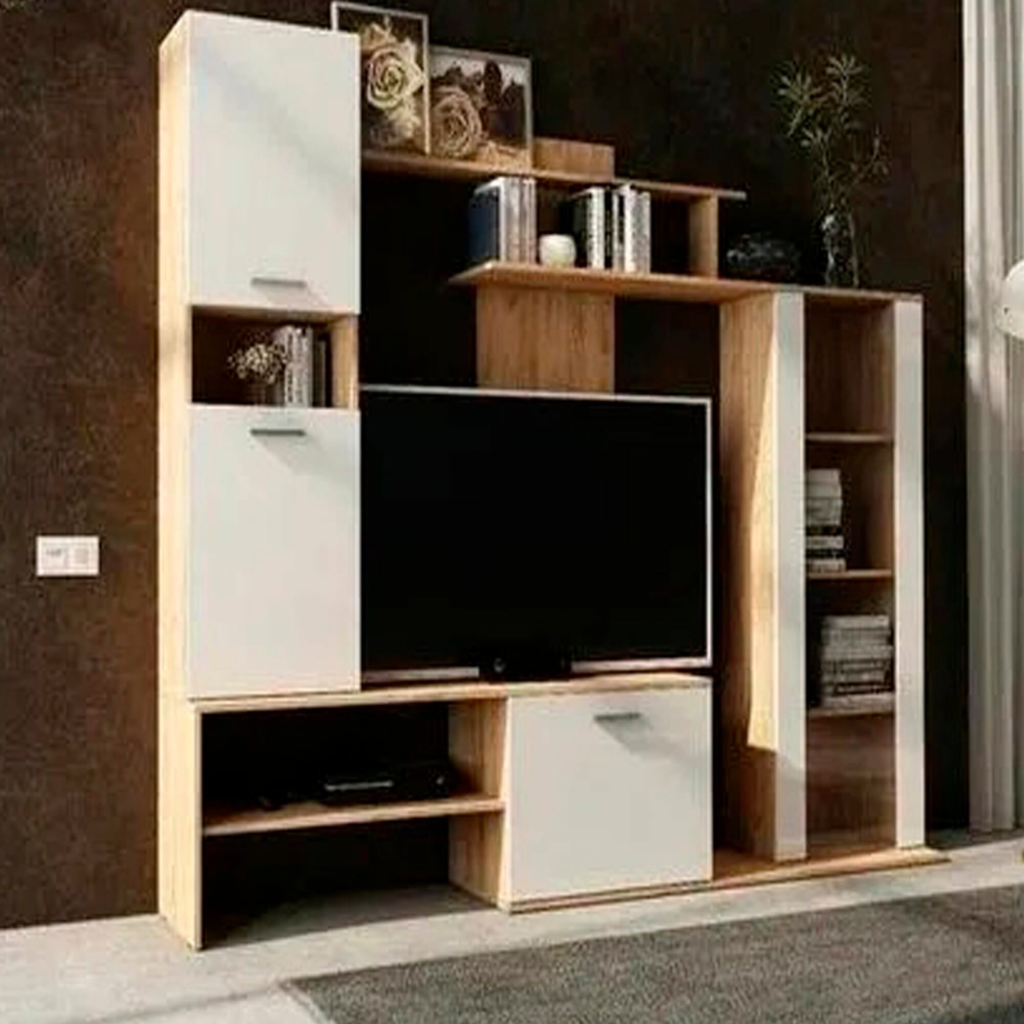 Cтенка в гостиную Данко Дуб Вотан / Белый глянец, под телевизор со шкафом витриной, напольная, горка в гостиную, в зал, тв зона, ширина 230 см, с стеклом