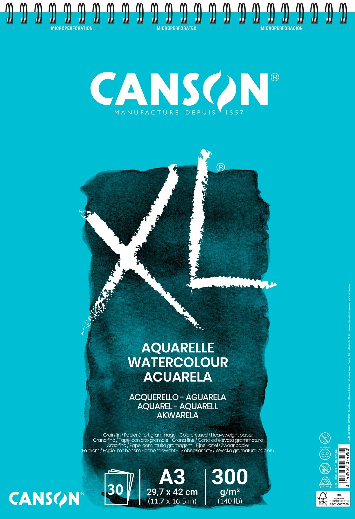 CANSON XL альбом для акварели Aquarelle 300 г/м2, на спирали, 30 листов A3 29.7 х 42 см, C400039171