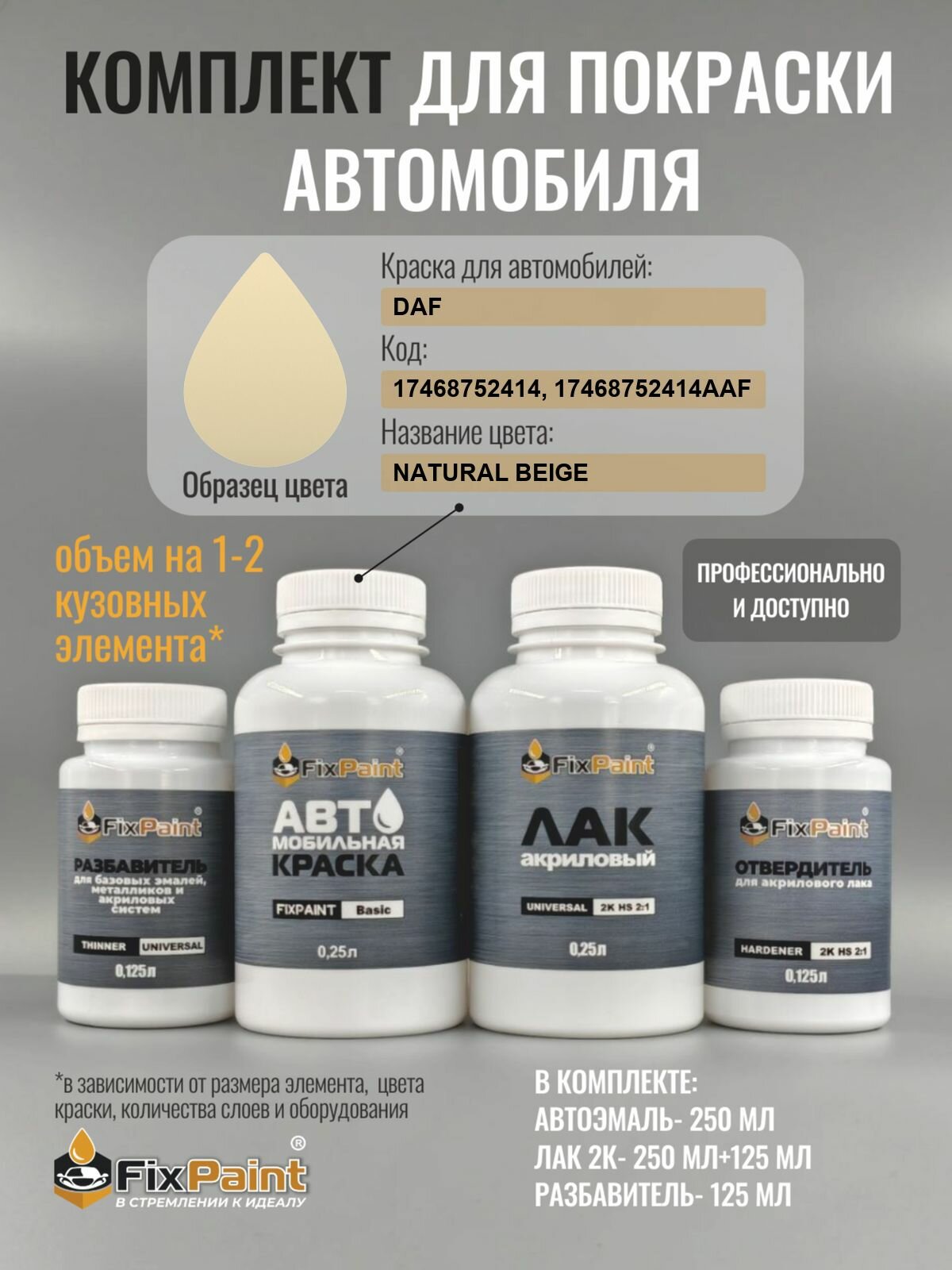 Комплект для покраски DAF, код 17468752414, 17468752414AAF, NATURAL BEIGE, базовая автомобильная эмаль 250 мл, лак 2K 250 мл с отвердителем, разбавитель 125 мл, FixPaint Pro
