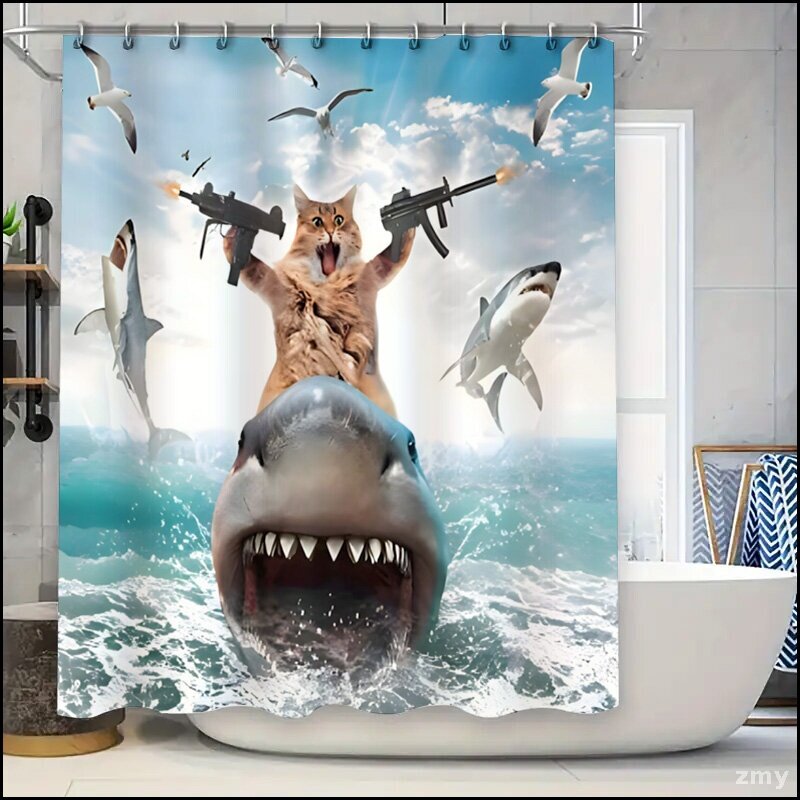 Тканевая ванная шторка с экшн-узором кота на акуле, 200x180 см, 12 крючков в комплекте