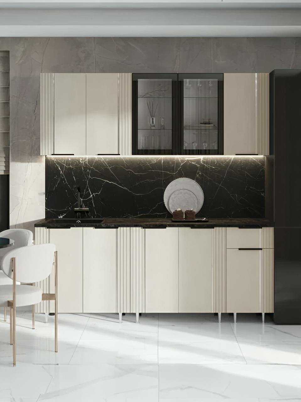 Кухонный гарнитур Виктория 2м пластер аворио/корпус белый со столешницей миф