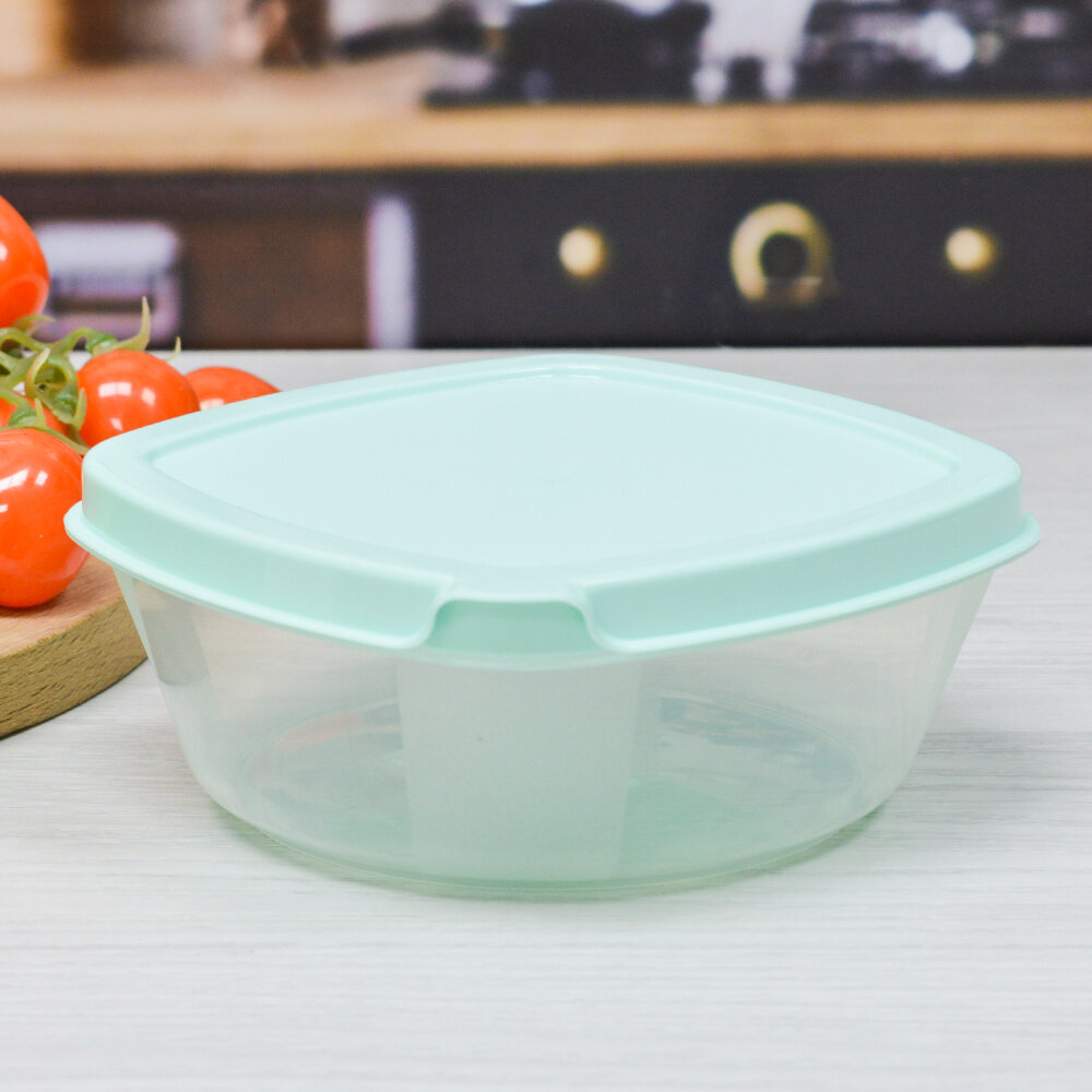 Контейнер пластиковый 600мл с крышкой, прозрачный / мятная крышка, круглый