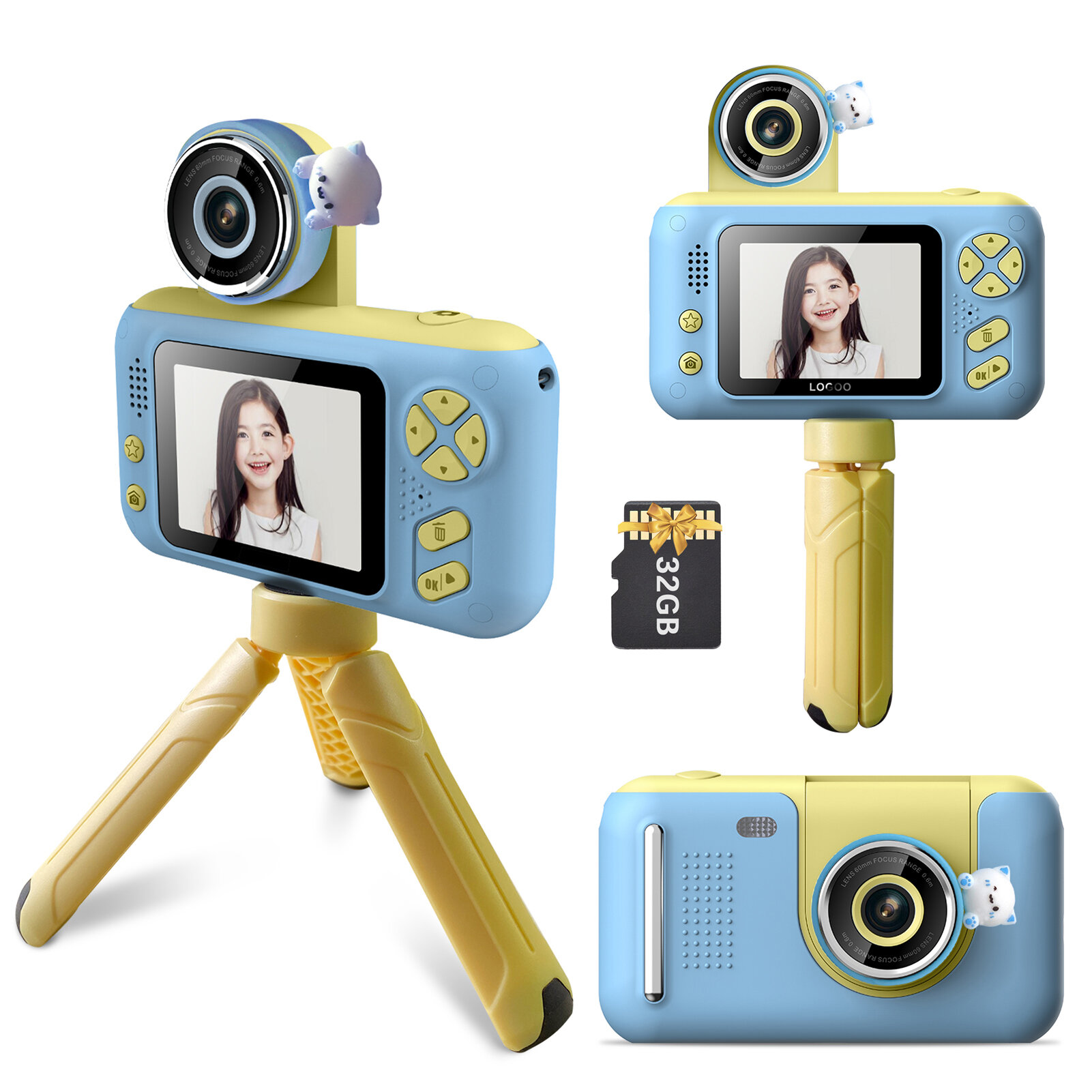 Детская цифровая камера 1080P Mini Video Camera для детей 40MP с экраном IPS 2.4 дюйма, поворотным объективом 180°, встроенной батареей, фоторамками, играми, ремнем, мини-триподом и картой памяти 32GB, цвет Pink/Blue + Yellow