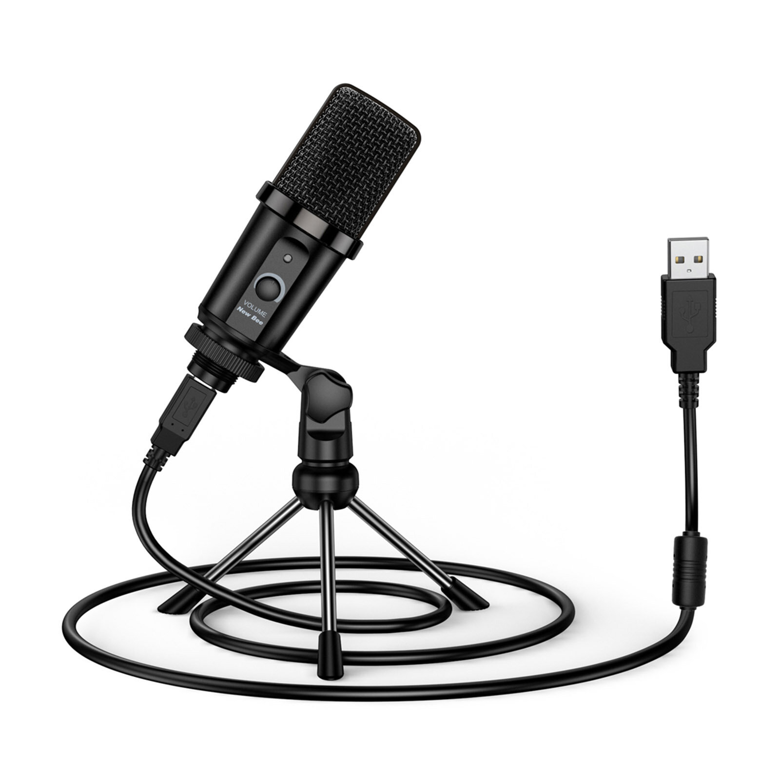 Микрофон USB NEW BEE DM19 черного цвета для компьютера с подставкой для студийной записи, чата, пения, совещаний, длина кабеля 150см, частотный диапазон 100Hz-18000KHz, выходное сопротивление <680Ω, чувствительность -42dB3dB, напряжение DC 5V,