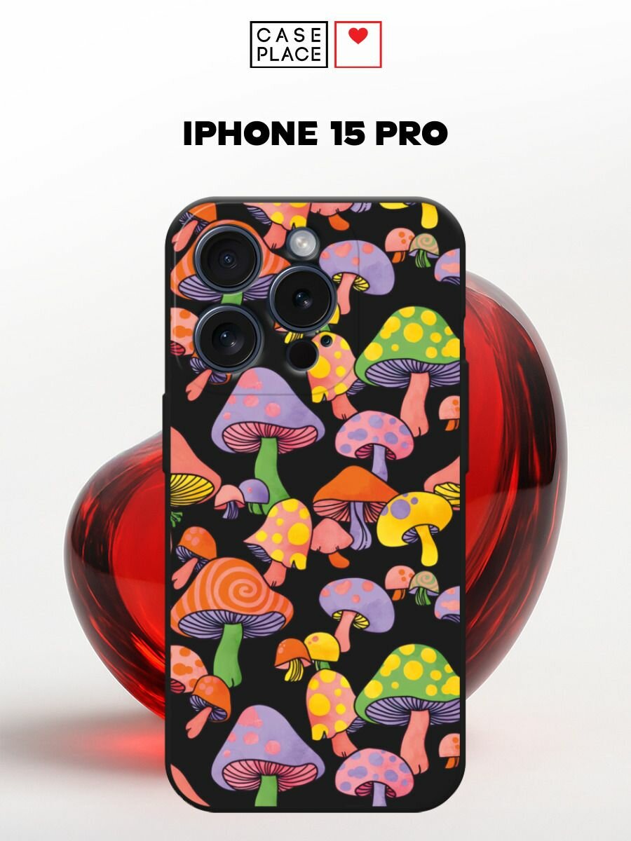 Черный матовый чехол на Apple iPhone 15 Pro / Айфон 15 Про с принтом Цветные грибы
