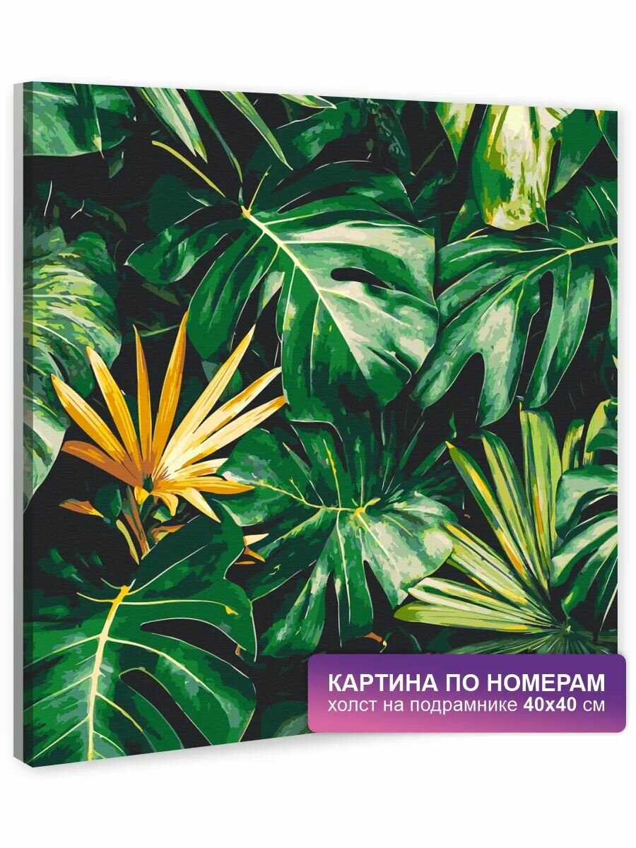Картина по номерам на холсте с подрамником 40х40 см. Природа, горы, море, волны, пейзажи, небо, путешествия. "Тропические листья", арт. 7096/