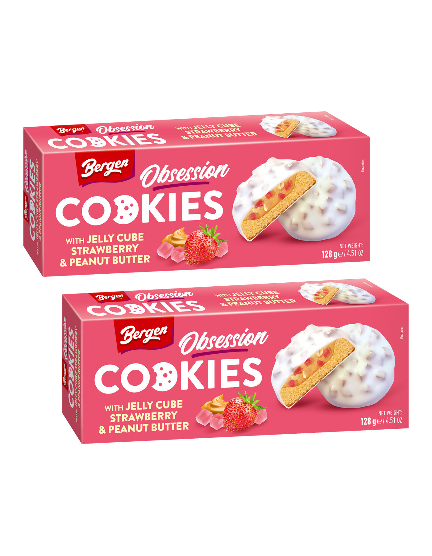 Bergen Рассыпчатое печенье "Obsession с кусочками желе из клубники и арахисовым кремом в молочной глазури, 128г х 2шт