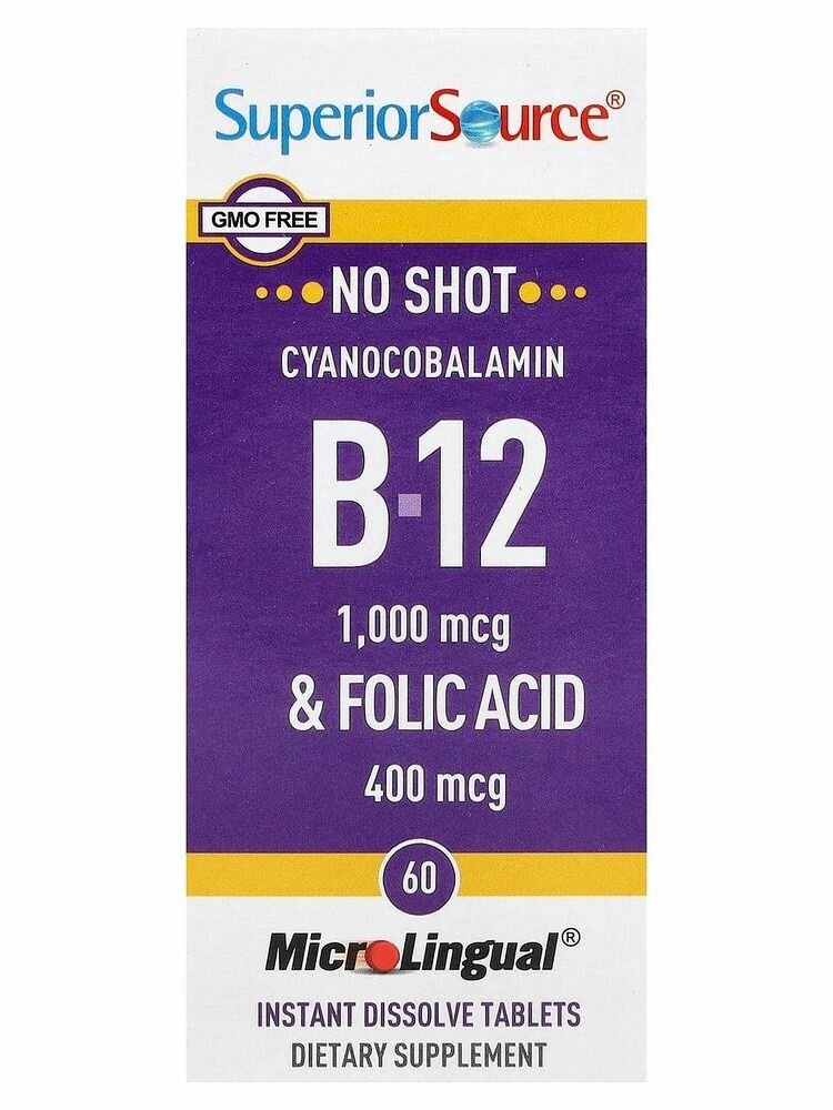 Цианокобаламин, витамин B12 и фолиевая кислота, 60 быстрорастворимых таблеток Micro Lingual, Superior Source