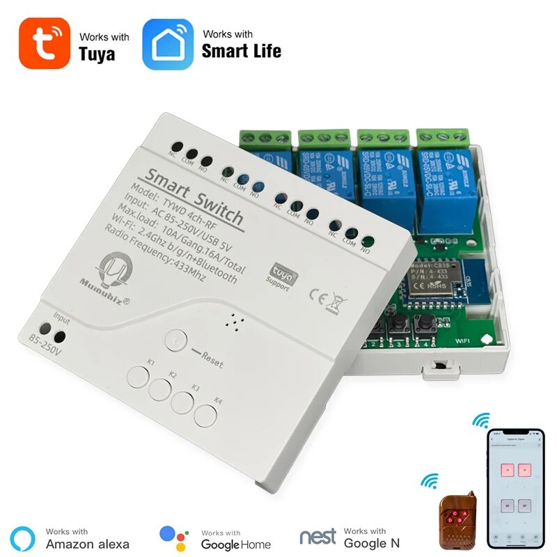 Mumubiz 4-канальный Wi-Fi Bluetooth релейный модуль, Switch and RF remote