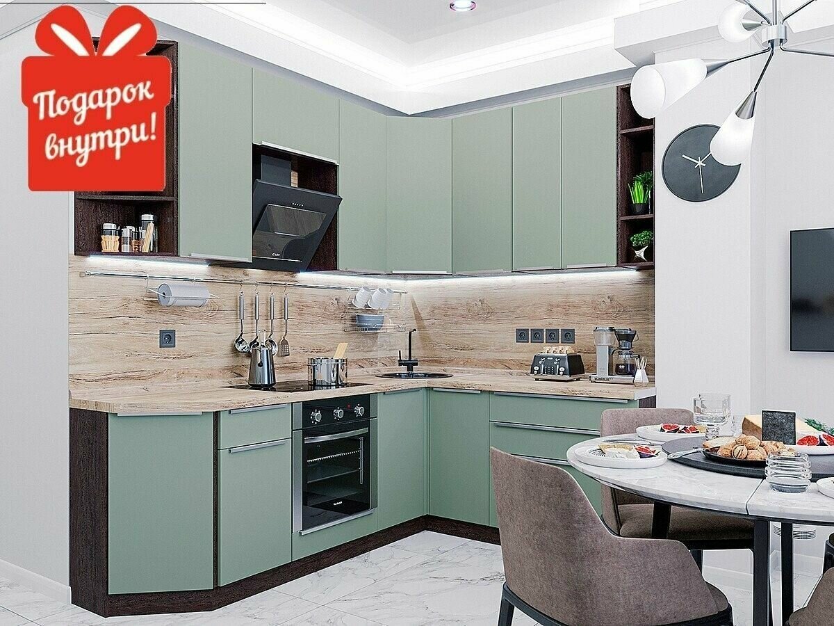 Кухня угловая пластик 2,2*1,8 метра Фьюжн-04, Готовый кухонный гарнитур 2140*2200-1800*600 Silky Mint со столешницей