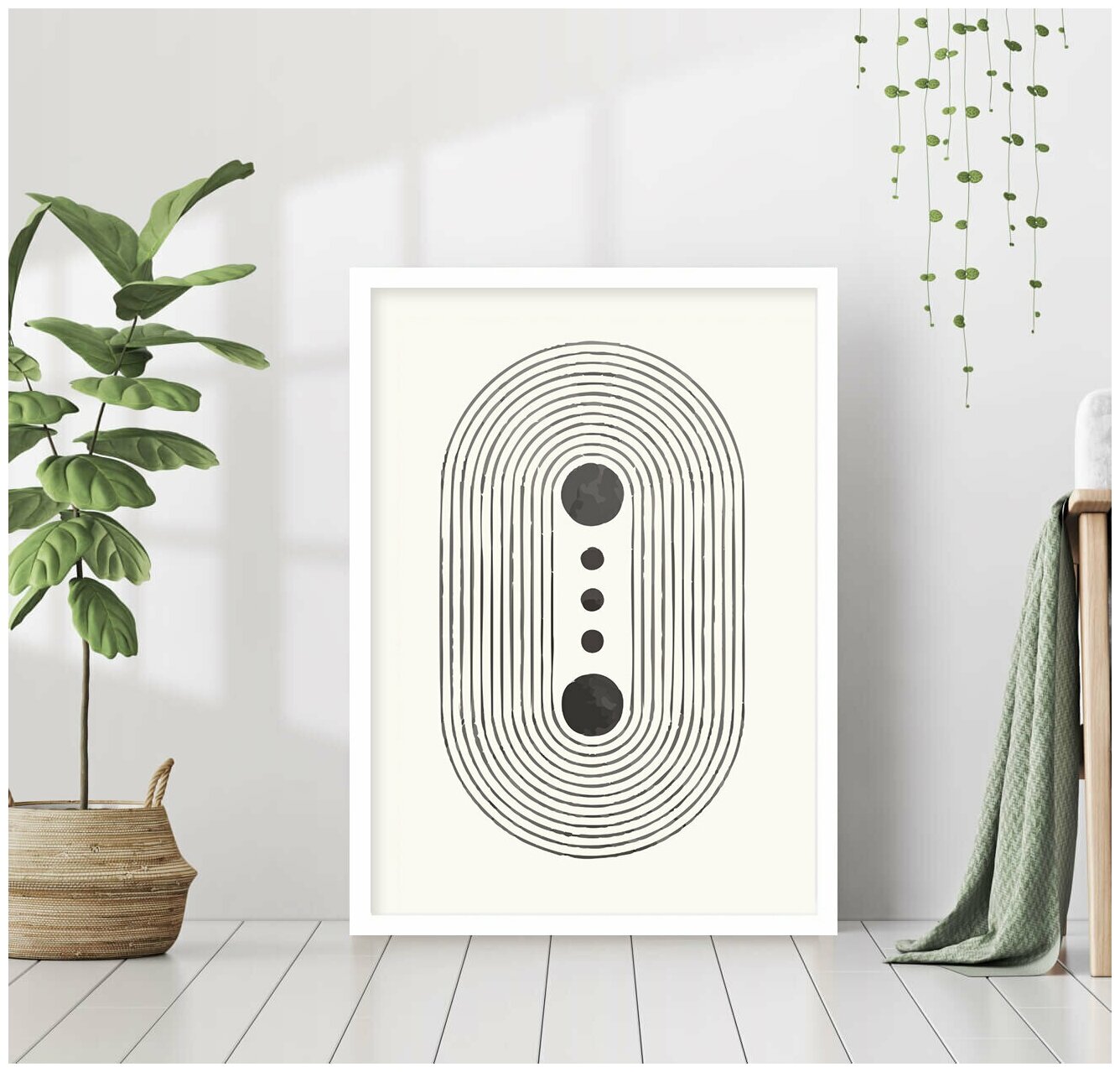 Постер "Абстракция черно белая, линейный рисунок, минимализм, линии, пятна" 50х70 в белой рамке для интерьера на стену