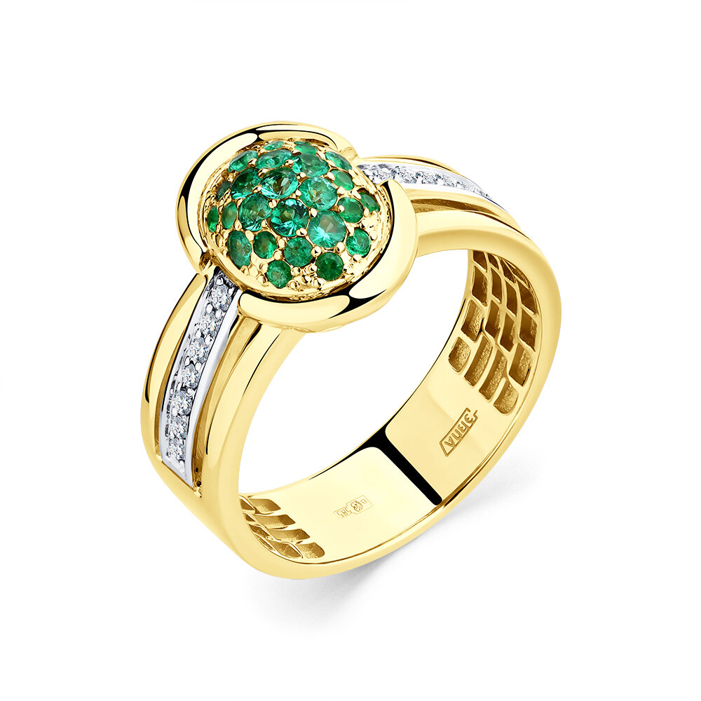 Кольцо, желтое золото, 585 проба, бриллиант, изумруд