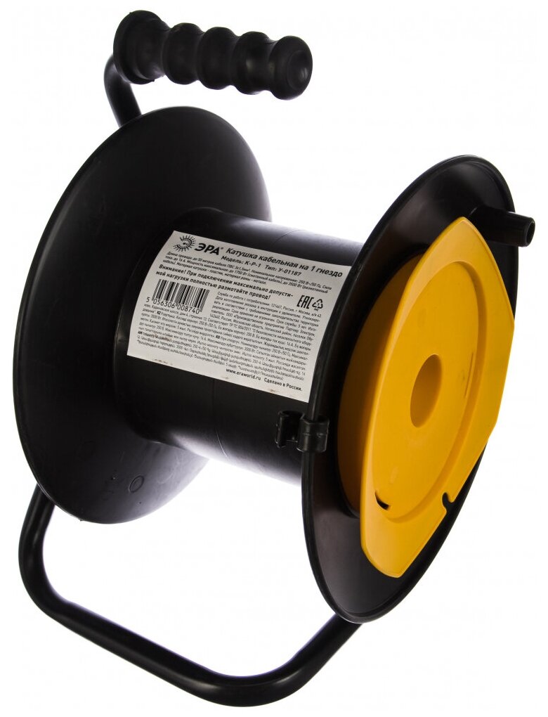 Катушка ЭРА KP1 без заземления, пластиковый корпус, защита IP20, одно гнездо, черно‑желтый цвет, токовая нагрузка