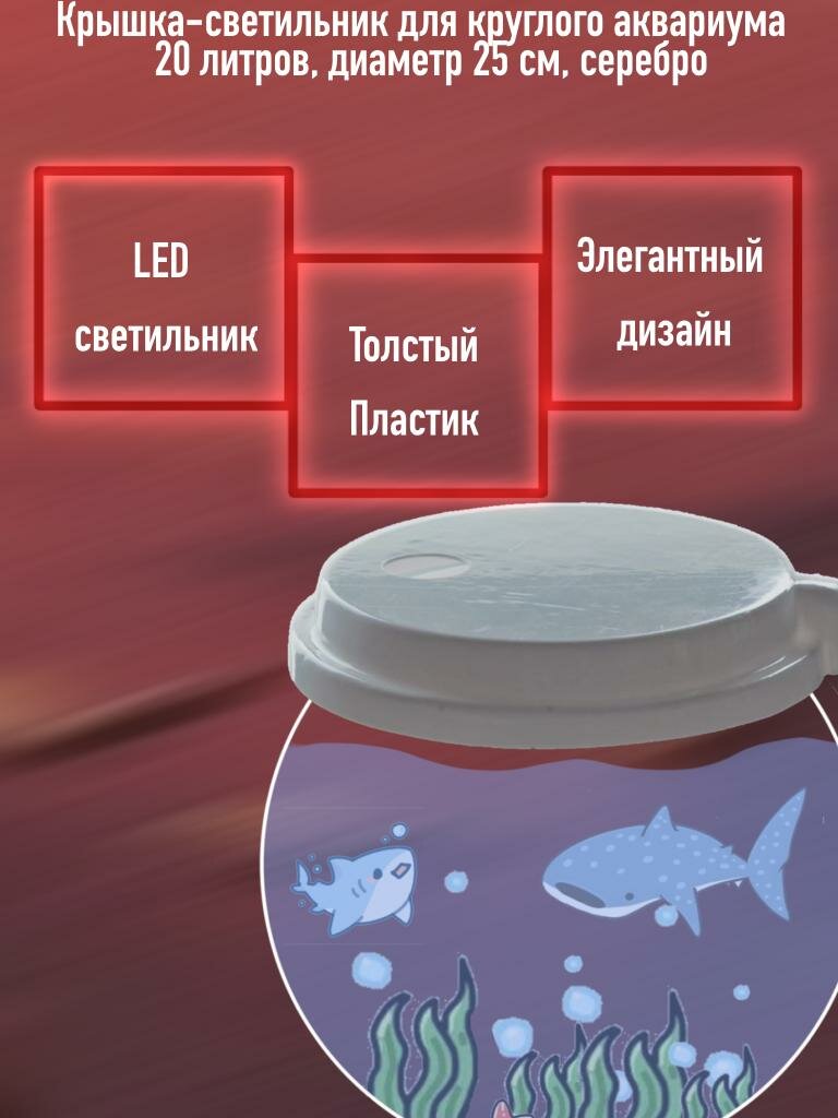 Крышка-светильник для круглого аквариума 20 литров, диаметр 25 см, серебро