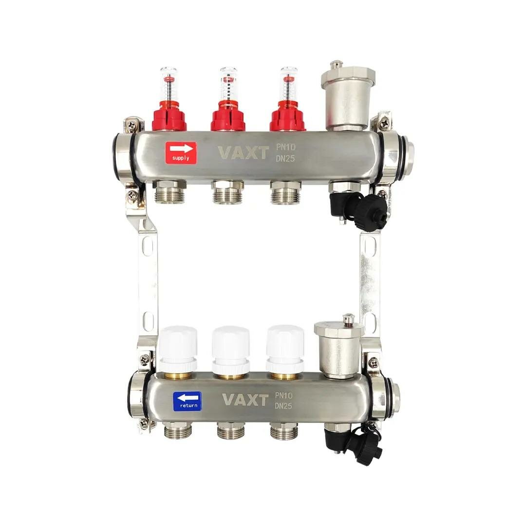 Коллекторная группа на 3 выхода Vaxt с расходомерами 1 x3/4 нержавеющая сталь