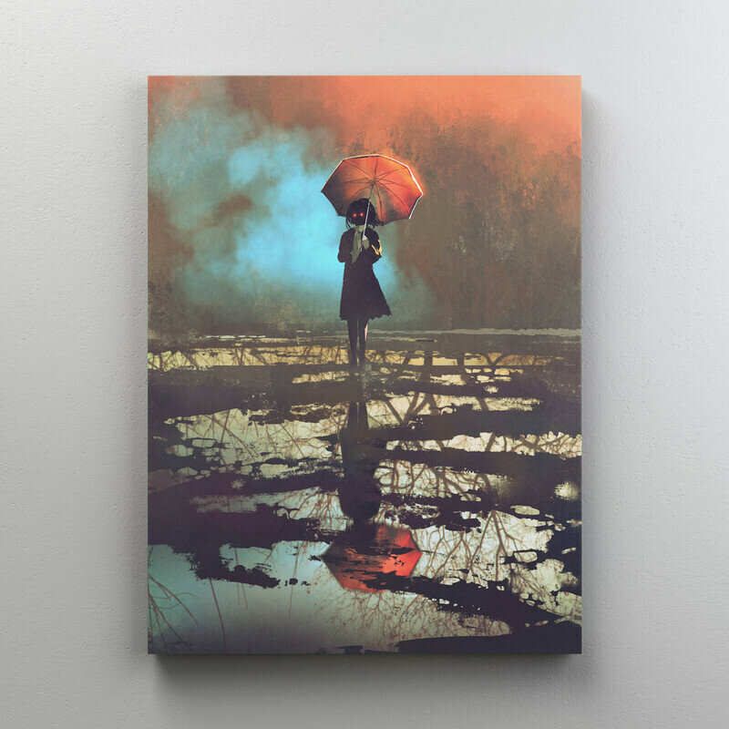 Интерьерная картина на холсте "Красноглазка под зонтом на болоте" размер 22x30 см