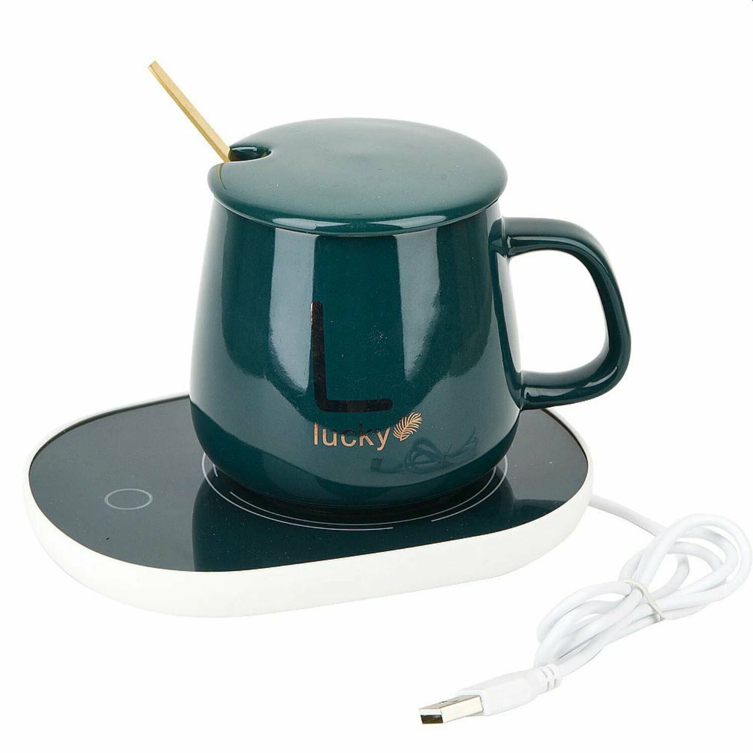 Кружка с подогревом для чашки 350мл зеленая / с ложкой и крышкой