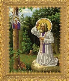 Схема для частичной вышивки бисером с нанесенным рисунком (19*24см.) Бис 330 "Св. Прп. Серафим Саровский в лесу"
