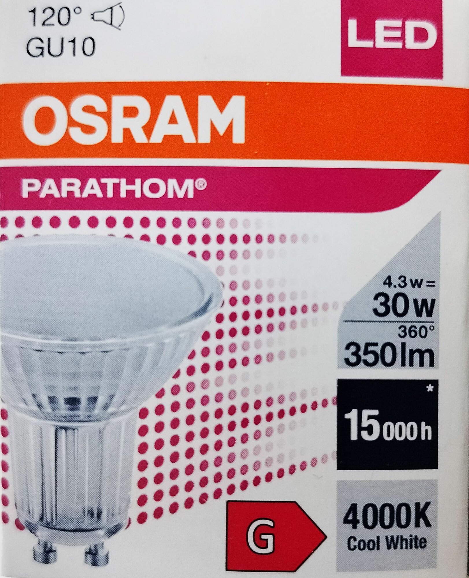 3шт/уп. Лампа LED Софит 4.3Вт 220-240В GU10 PAR16 350Лм 4000К Угол 120 град. d 50mm h 56mm Свет Дневной белый Osram, уп. 3шт