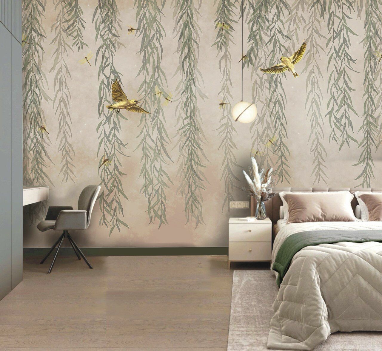 Обои бесшовные "Иволга и стрекозки" персиковый (ширина 2550мм х длина 2500мм)