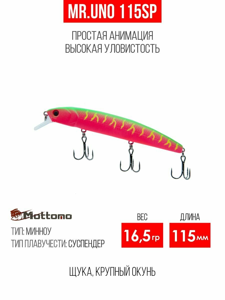 Воблер для рыбалки Mottomo Mr.Uno 115SP 16,5g, минноу тонущий для спиннинга, твичинга. Приманка на щуку. Watermelon Pink