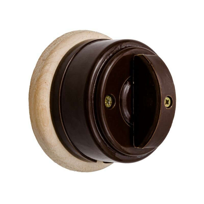 Выключатель ретро одноклавишный (проходной) керамический c ручкой полумесяц, коричневый, подрозетник береза Zion