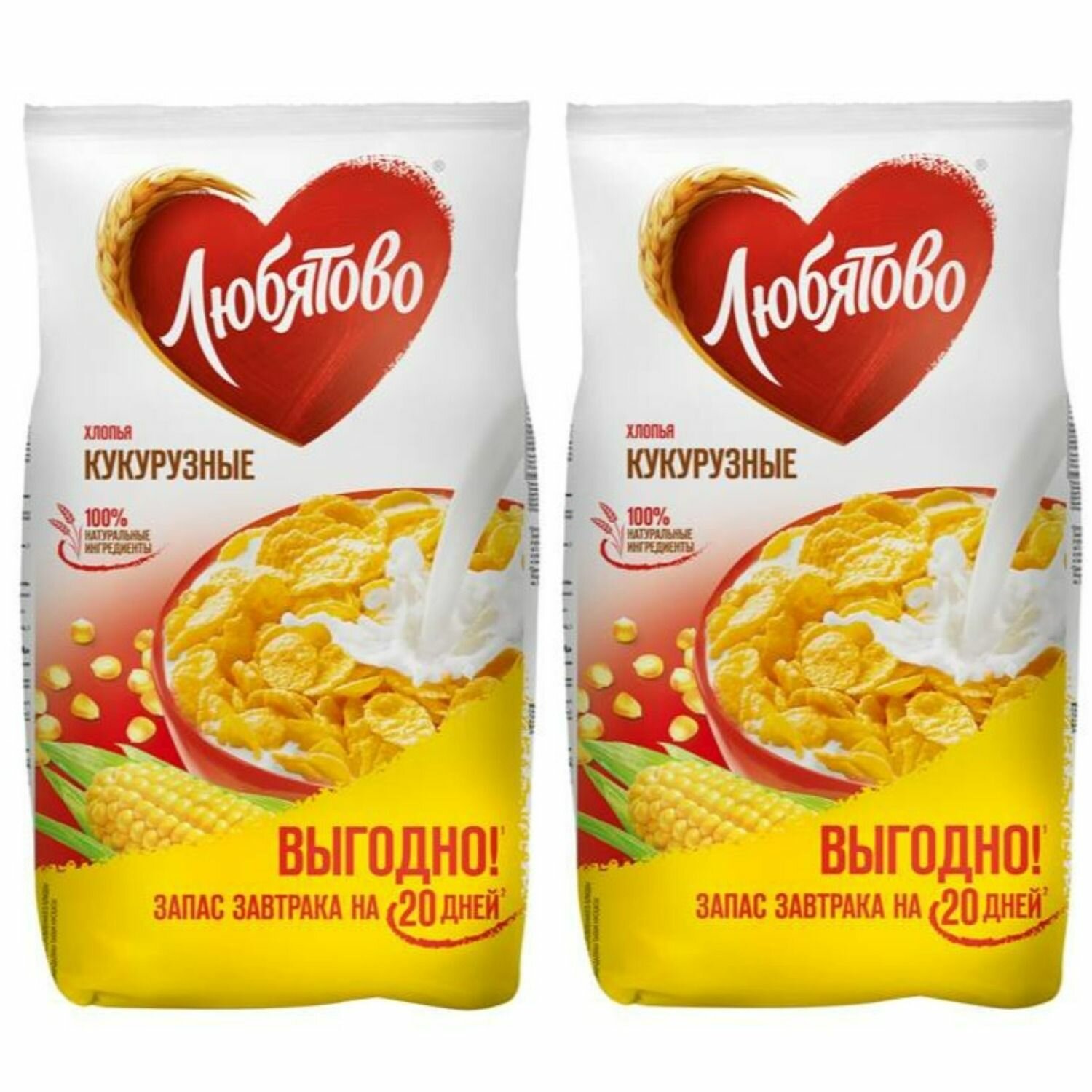 Любятово Готовый завтрак Хлопья Кукурузные, 600 г, 2 шт