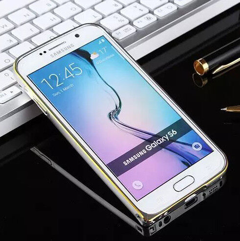 Бампер алюминиевый с золотой гранью IceFox для Samsung Galaxy S6 (Серебристый)