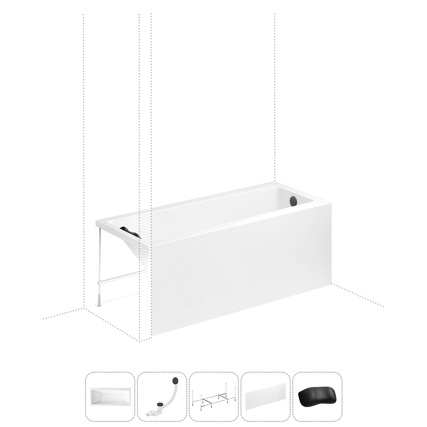 Акриловая ванна 160x75 с каркасом и экраном Lavinia Boho Rock 202011723 в наборе 5 в 1: прямоугольная ванна 160 x 75 см, слив-перелив, каркас, экран, подголовник