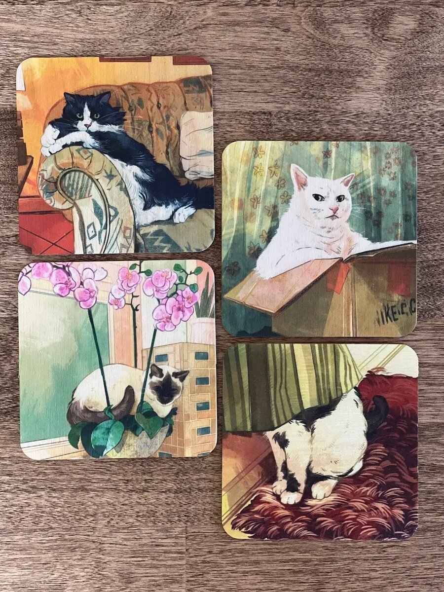 Подставка под кружку и стаканы мем Коты 4 шт