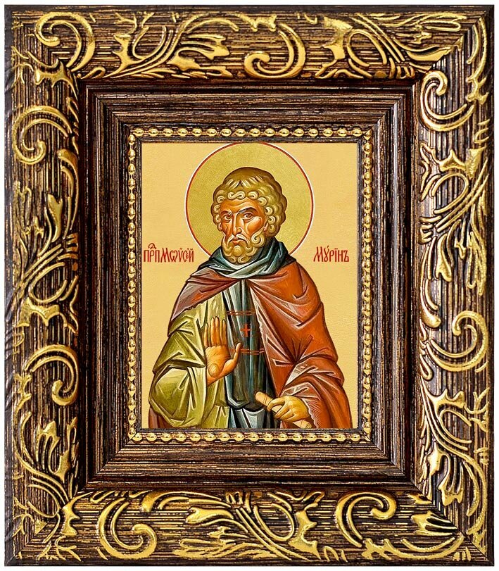 Преподобный Моисей Мурин, Эфиопский, икона в широкой темной пластиковой рамке 10,5*12 см