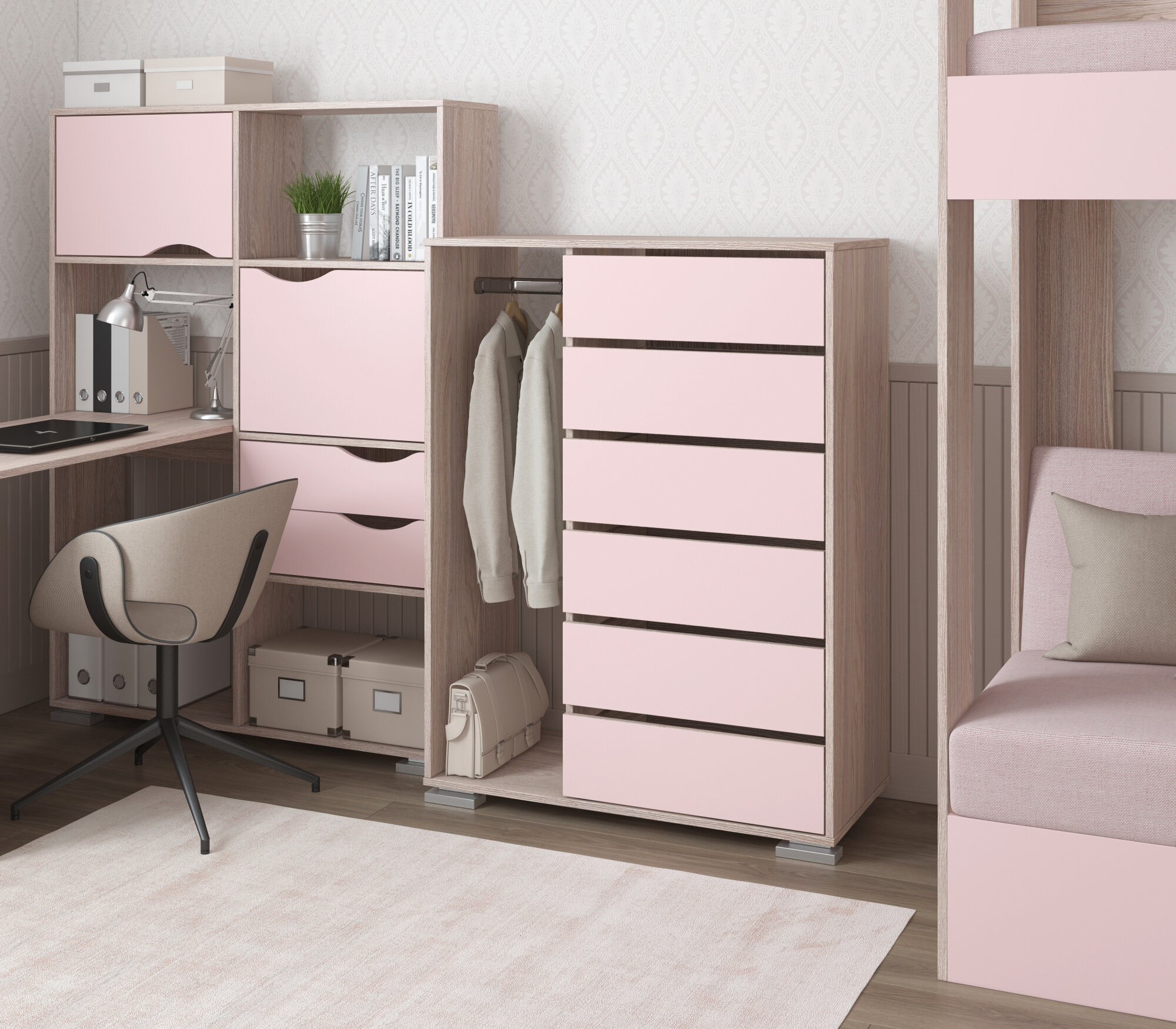 Шкаф, комод, шкаф-комод с ящиками, со штангой Есэндвич L Лаворо, 100x50x120 см, правый (Анкор светлый/Розовый кварц)