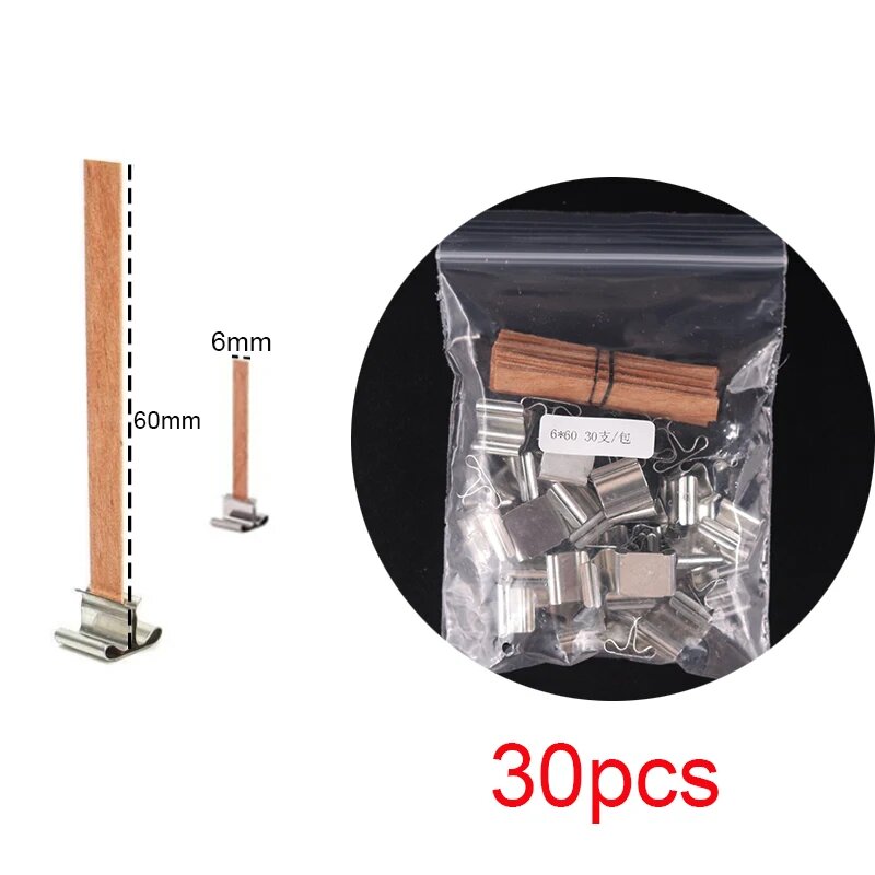 30 шт, деревянный фитиль для свечей для DIY, набор для изготовления парафиновых банок для свечей, сердечник для свечи с основанием зажима, бездымные сердечники фитиля для свечей ручной работы