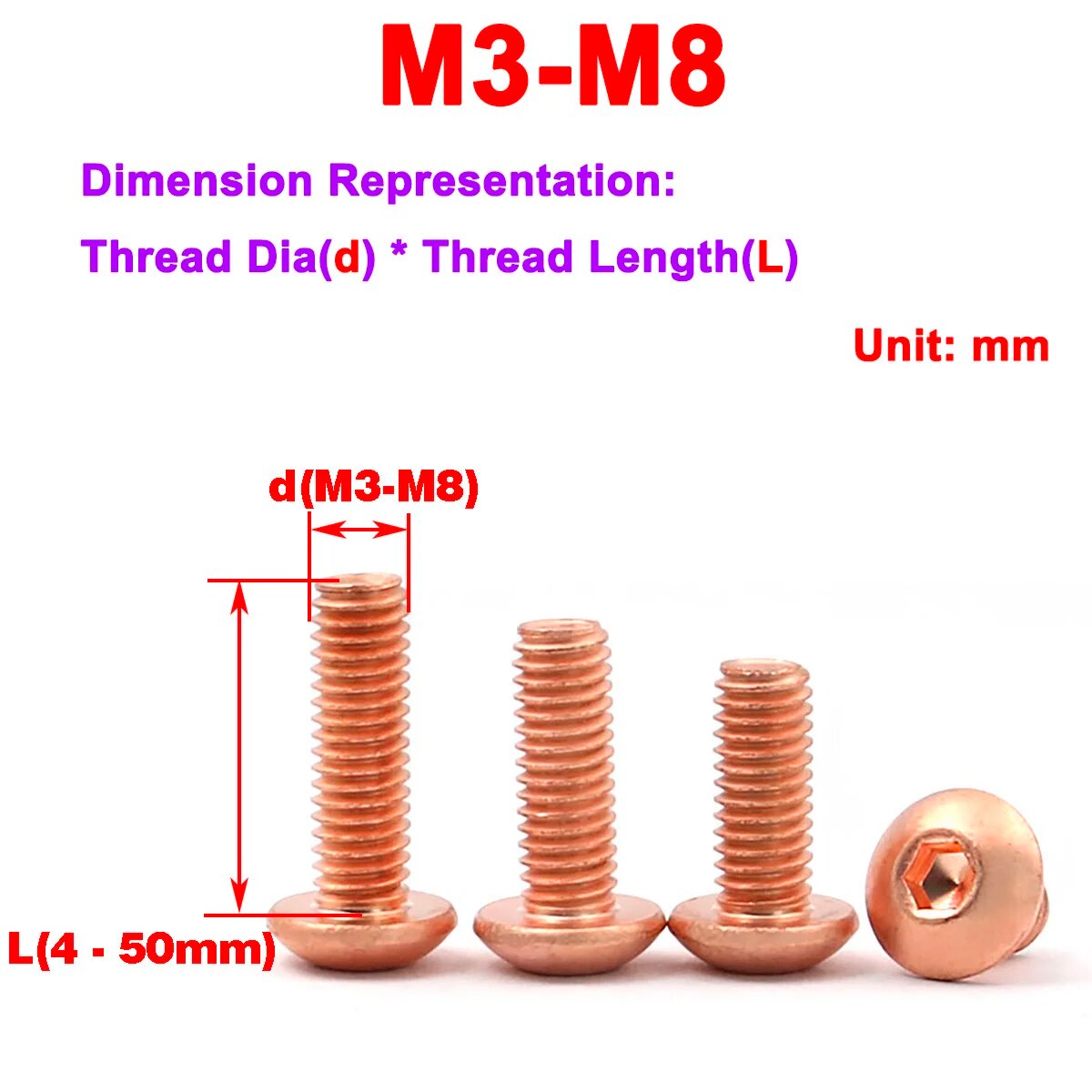 Красные медные винты M3M4M5M6M8 5pcs M6X12