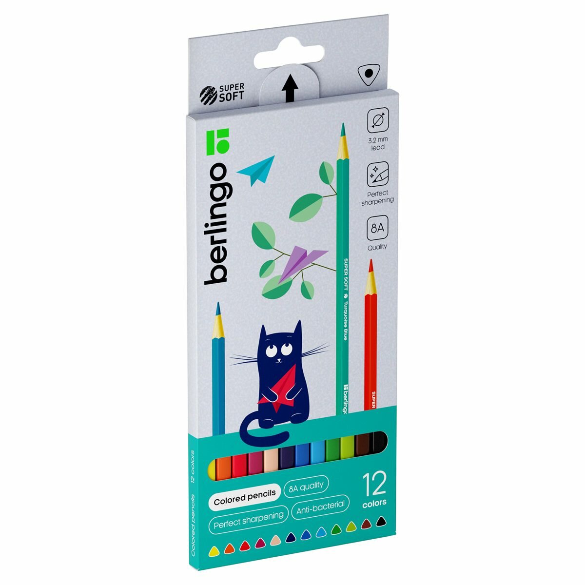 Карандаши цветные 12 цветов Berlingo "SuperSoft. Жил-был кот" (L=180мм, D=7мм, d=3.2мм, 3гр) картон, европодвес (SS00512)