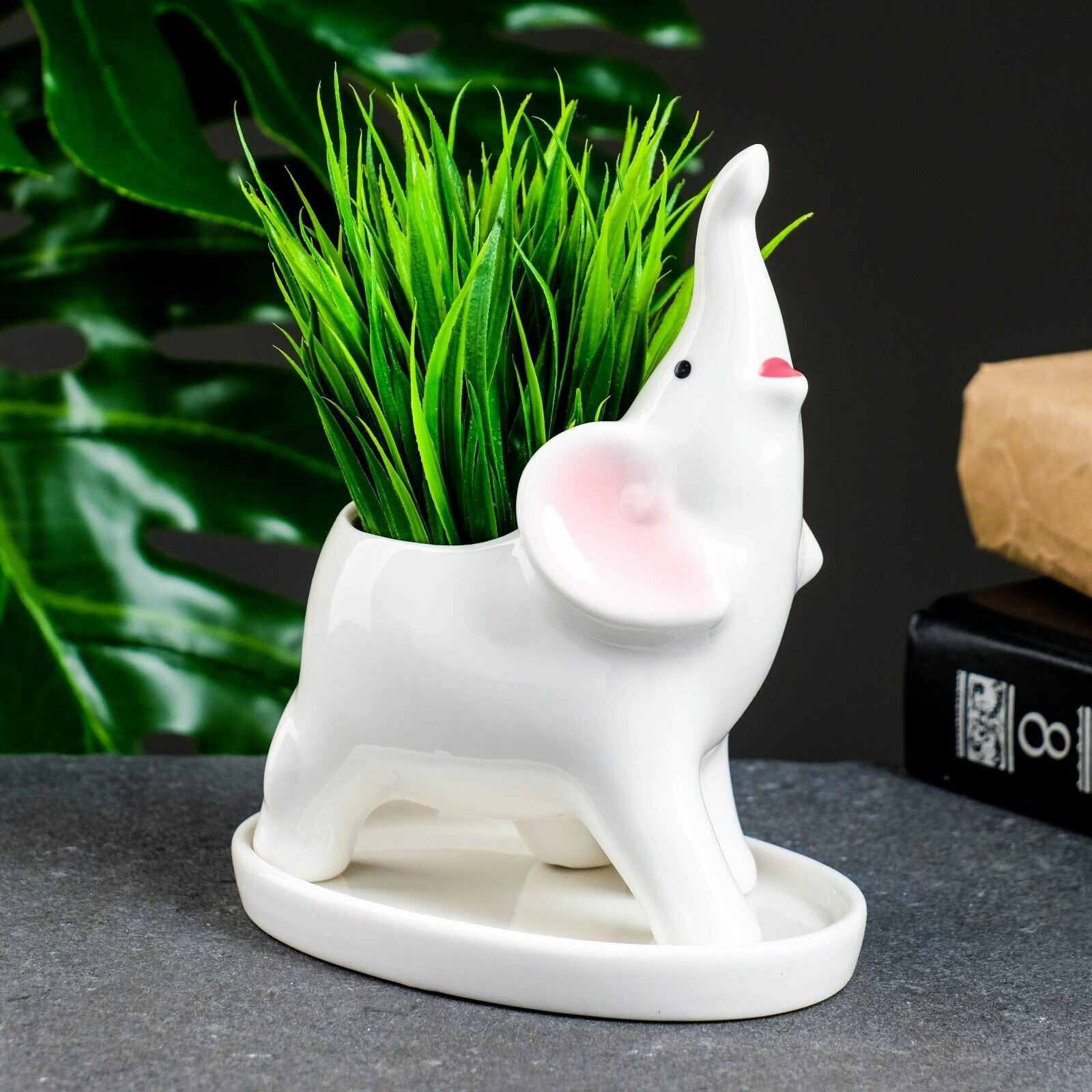 Горшок для цветов Слон Гидеон керамический, с поддоном, 180 мл, 14.5 7.5 12 см, белый, 3 шт