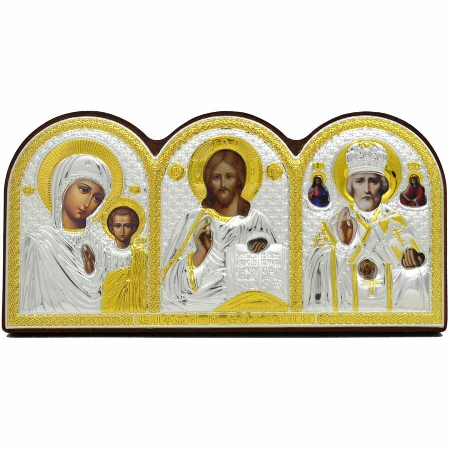 Триптих (Иисус Христос, Божия Матерь, Николай Чудотворец) (6 х 13 см / С позолотой на серебряном окладе / 13)