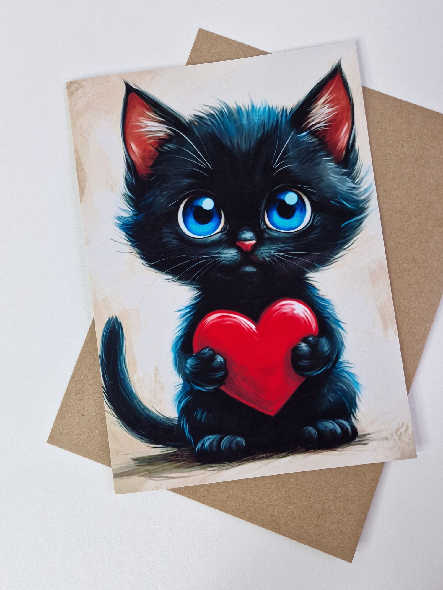 Романтическая открытка "Черный котенок с сердцем", поздравительная, двойная, с конвертом